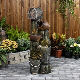 4-Tier Cascading Pots Waterfall Fountain with Lights for Outdoor Garden ...