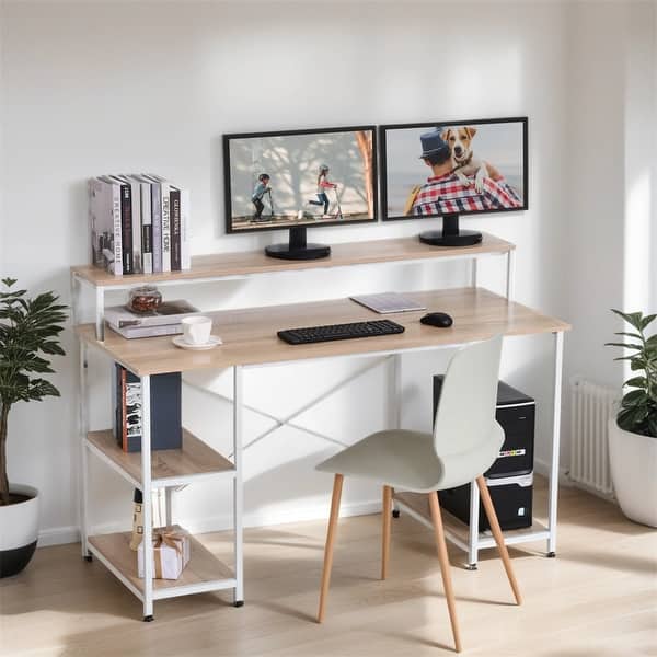 X-Shaped Computer Desk with Storage Shelves and Adjustable Feet Pads ...