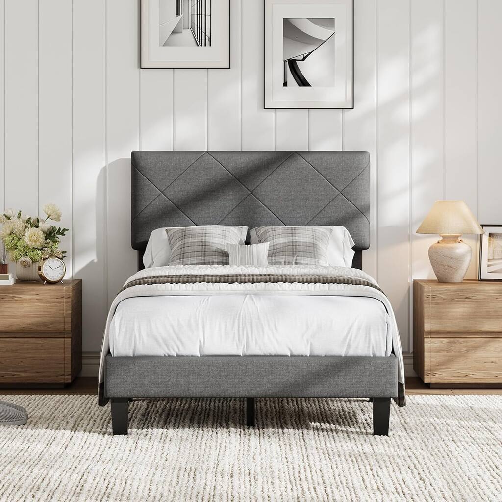 Noise-Free Upholstered Platform Bed Frame with Headboard, No Box Spring ...