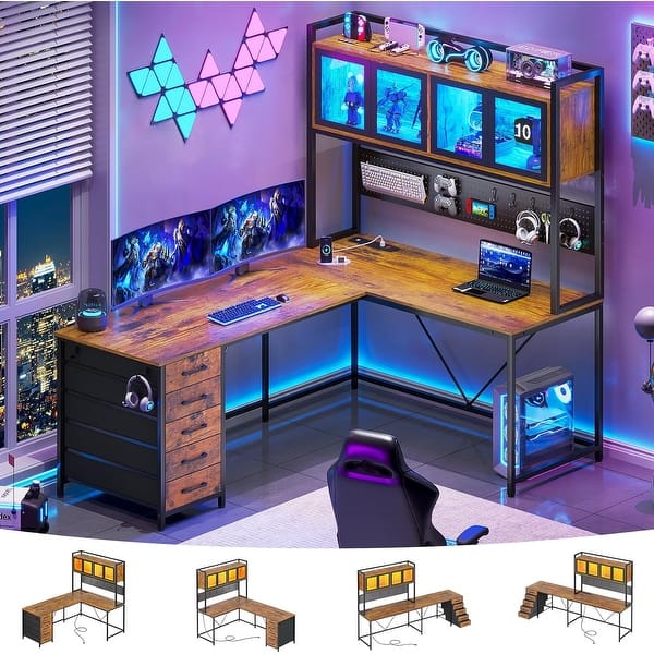 L Shaped Gaming Desk Computer Desk Pegboard 5 Drawers Storage Shelf ...