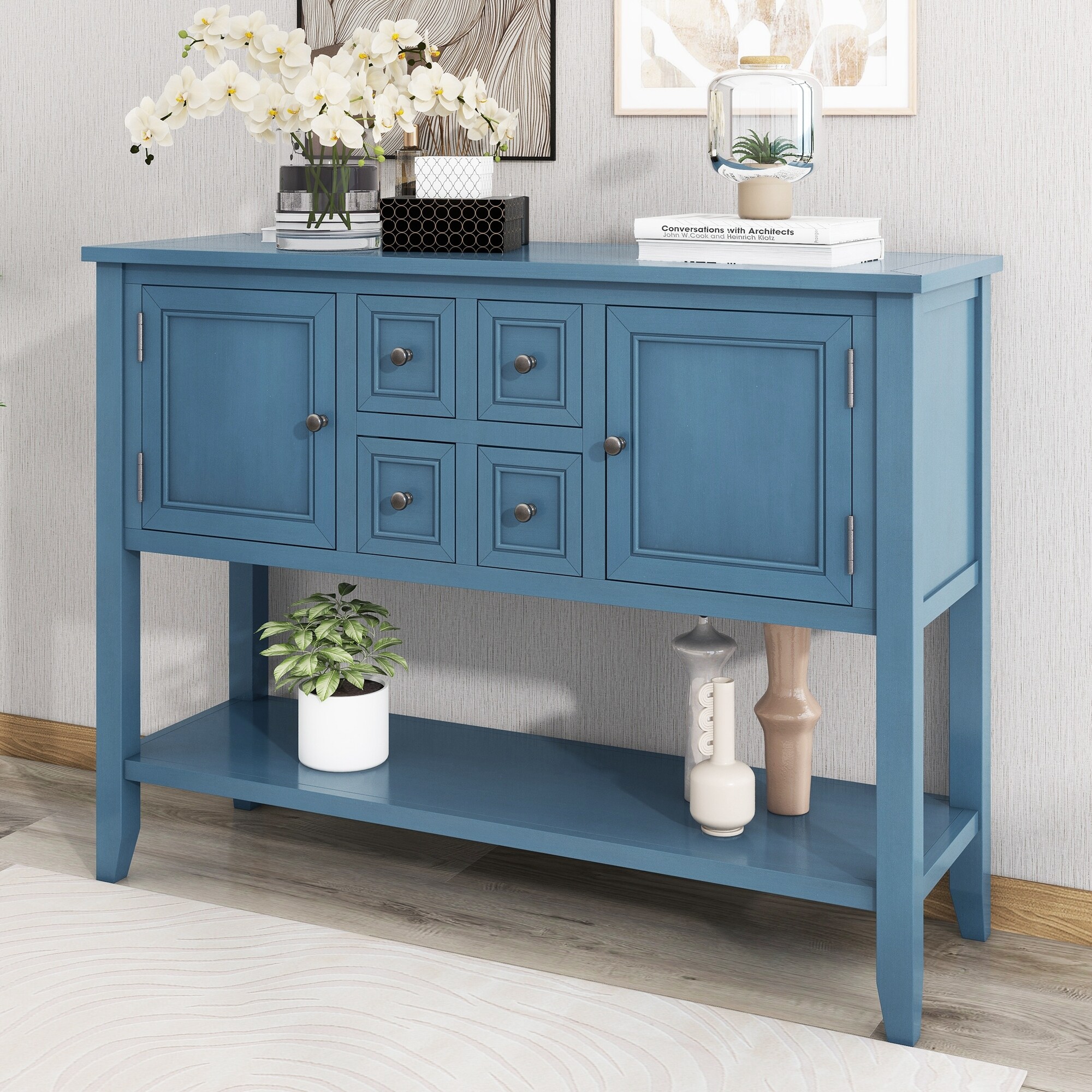 Light Navy Blue Console Table for Living Room Entryway Spacious Storage Table Comes with 4 Small Drawers and Bottom Shelf On Sale Bed Bath Beyond 41090420