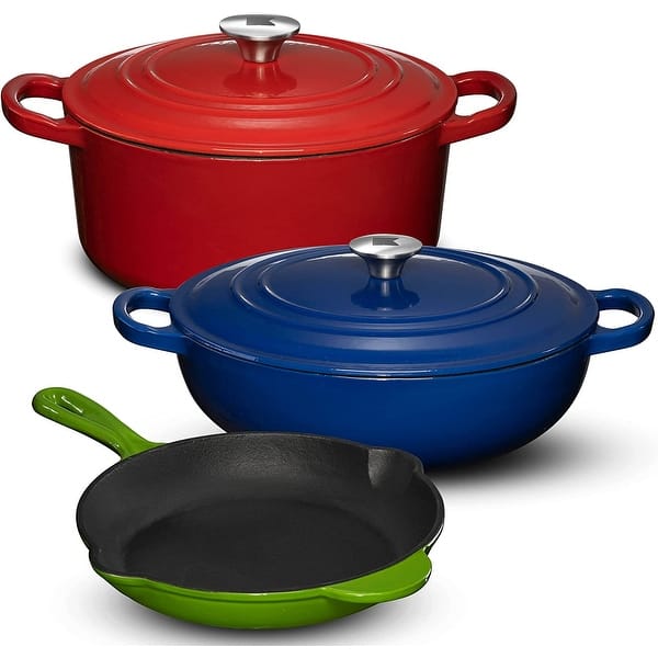 Enameled Cast Iron Cookware Set - 5 Pieces Solid Colored Braiser Dish ...