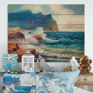 Designart 'Blue Ocean Waves Scenery II' Nautical & Coastal Wood Wall ...