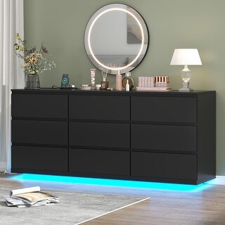 Modern Floating 9-Drawer Dresser with LED Lights and Built-in Charging ...
