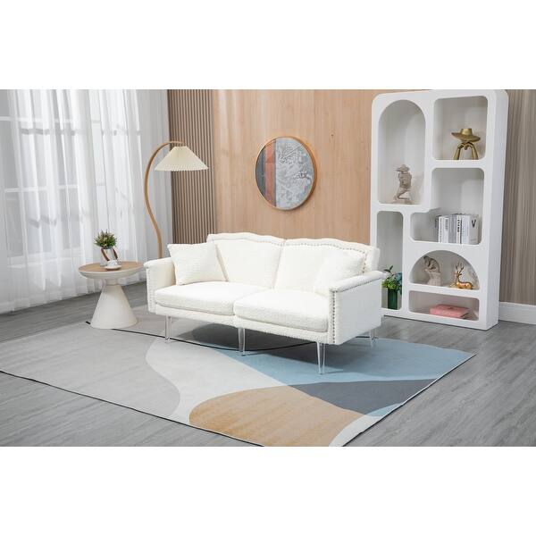 2 Seat Low Back Reclining Sofa Velvet Loveseat w/ Acrylic Legs, White ...