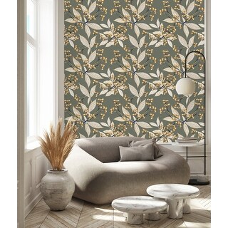 Grey Wallpaper with Leaves and Berries Peel and Stick and Prepasted ...