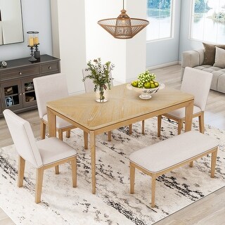 4 Upholstered Dining Chairs, Bench & 60" Dining Table Set (6 PCS) - Bed ...
