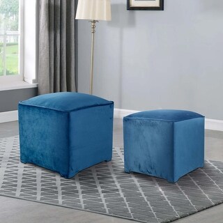 Modern Accent Stool, Cube Design, Wood Frame, Blue Velvet Fabric, Set ...