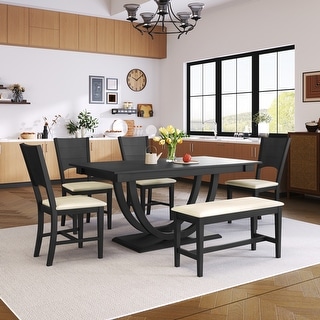 Modern 6-Pc Dining Table Set w/ Wood Half Round Pedestal, 4 Chair ...
