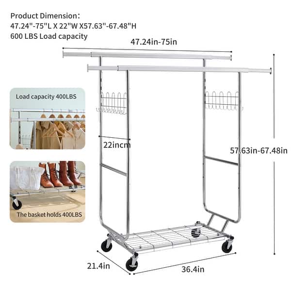 Double Clothing Garment Rack with Shelves Capacity 800lbs Clothing ...
