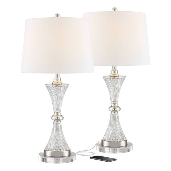 Set of 2 Modern Table Lamps with Round Risers USB Port Glass - 14" x 25 ...