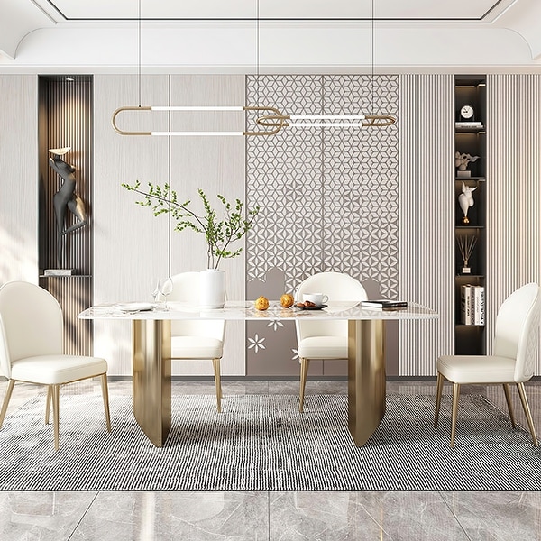 Modern Dining Table with Rectangular Sintered Stone Tabletop, Carbon Steel Leg, Minimalist ...