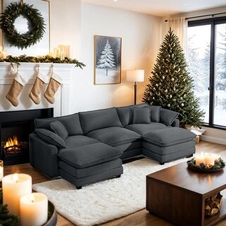 Artsy Sectional Modular Deep 3-Seater Sofa with 2 Ottomans, Corduroy ...