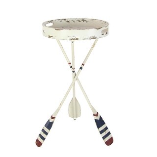 Metal Paddle Distressed Striped Accent Table with Navy and Red Striped ...
