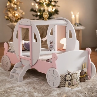 Twin size Princess Carriage Bed with Crown ,Wood Platform Car Bed with ...
