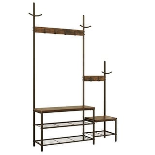 Hall Tree Coat Rack Shoe Bench, Industrial Design, 3-in-1, Rustic Brown ...