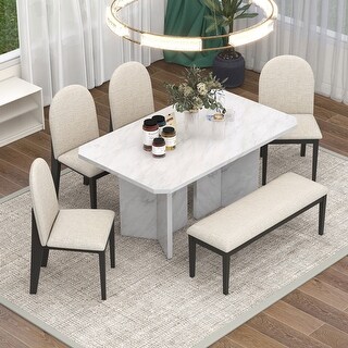 Modern 6-Piece Octagon Dining Set with Marble Table and Upholstered ...