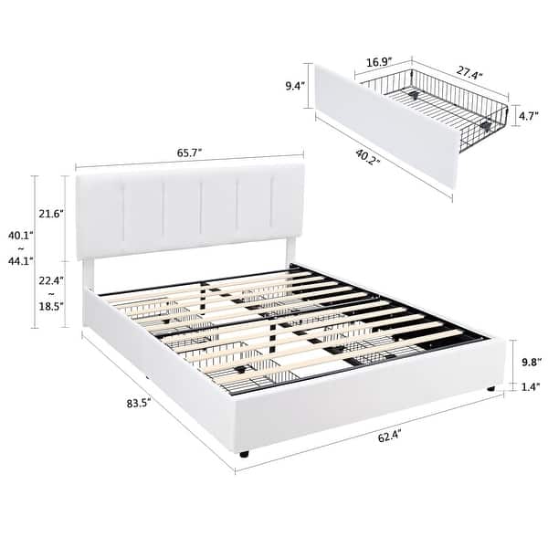 White Bed Frame with 4 Storage Drawers, Upholstered Platform Bed Frame ...
