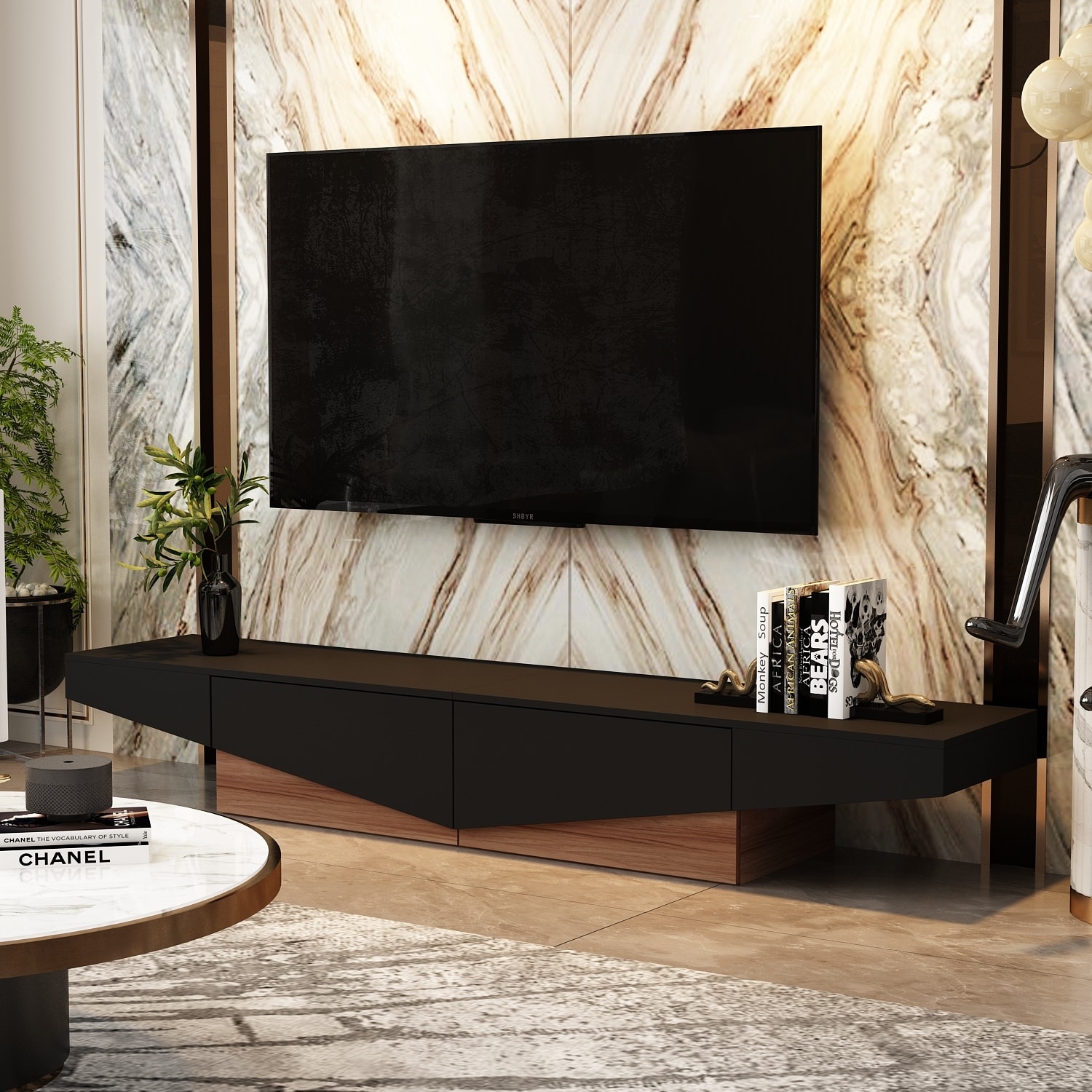 Black White color scheme TV Cabinet Entertainment center with 2Drawers 78.7 W