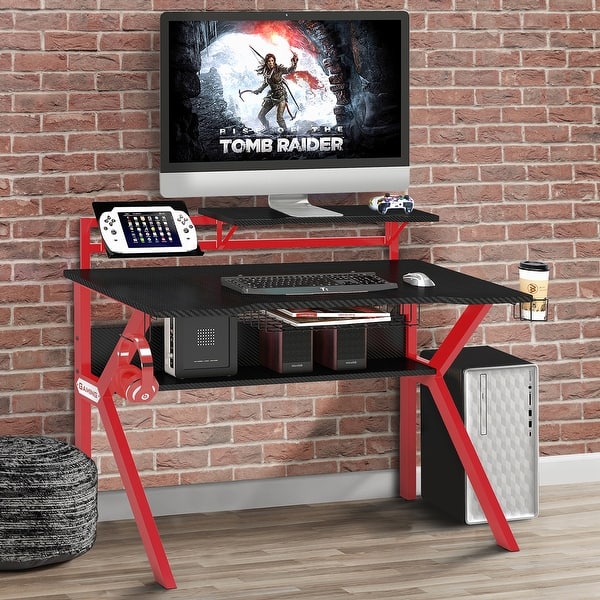 Metal Frame Gaming Desk with Shelve - Bed Bath & Beyond - 38404291