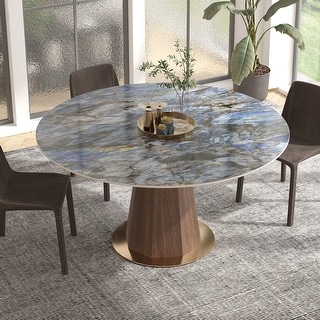 Modern Style Round Stone Table Top Walnut Pedestal Dining Table - Bed ...