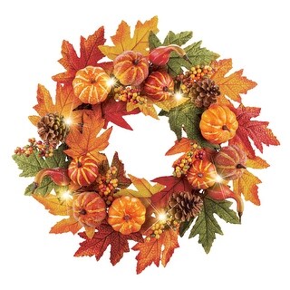 LED Lighted Fall Leaves with Pumpkins Wreath - 20 x 20 x 5 - Bed Bath ...