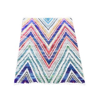 Raspberry Red, Hand Knotted, Chevron Design, Sari Silk with Textured ...