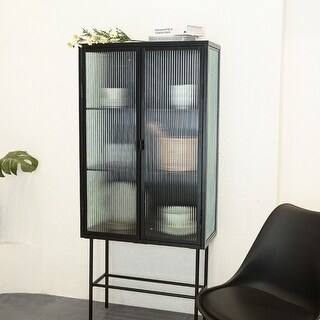 Retro Style Fluted Glass High Cabinet Storage Dual Doors Three ...