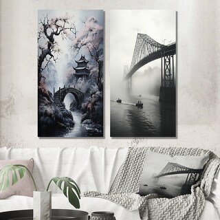 Designart "Grey Japon Bridge In Fog" Bridges Wall Art Set Of 2 Grey ...
