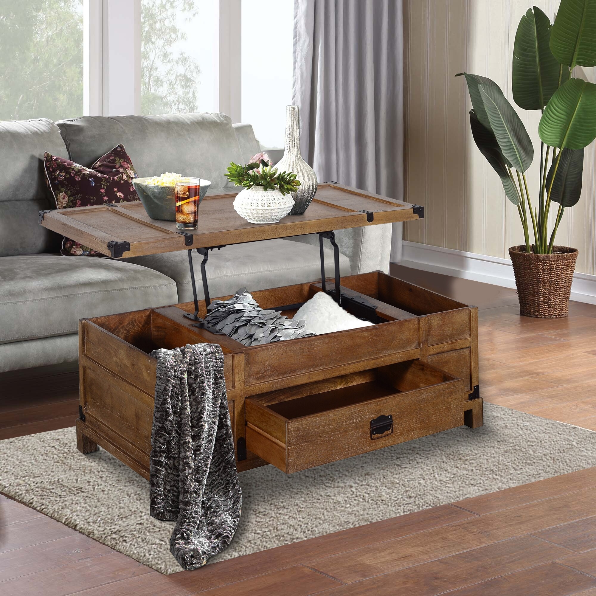 33 Inch Lift Top Storage Trunk Coffee Table, Square, Mango Wood ...