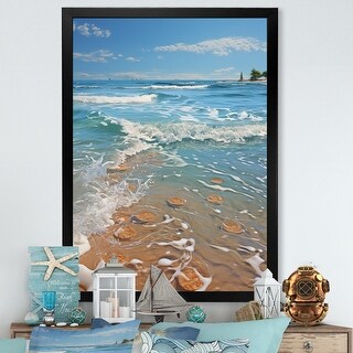 Designart "Turquoise Beach Seashell I" Coastal Beach Sand Framed Canvas ...