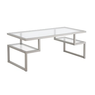 45” Silver Glass Coffee Table with Double Shelf Storage Steel Sled Base ...
