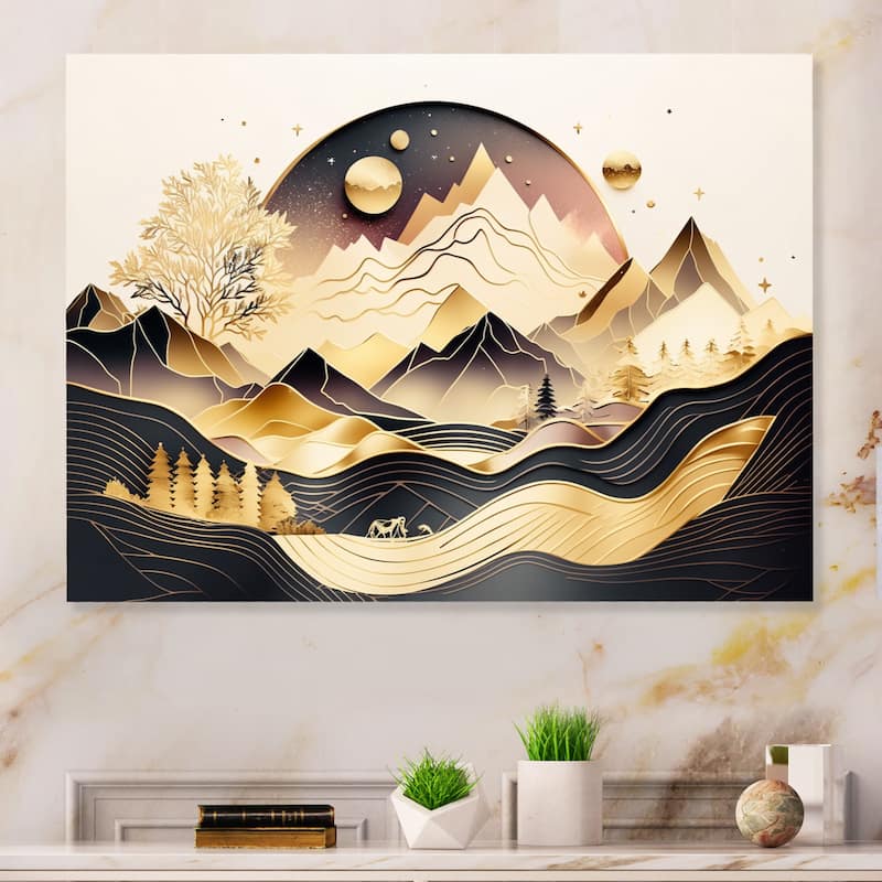 Designart "Gold Metallic Beach View IV" Minimalism Landscape Metal Wall ...