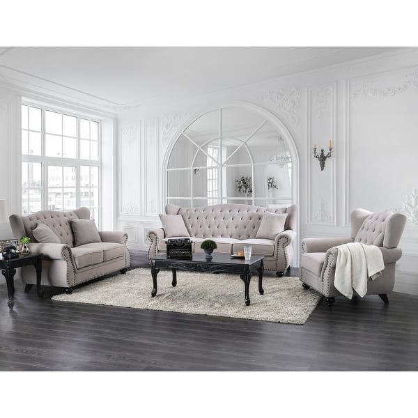 Ninotsminda Traditional Light Grey Linen 3-piece Tufted Living Room Set ...