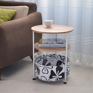 Three-tier Round Side Table With Fabric Storage End Table Nightstand ...