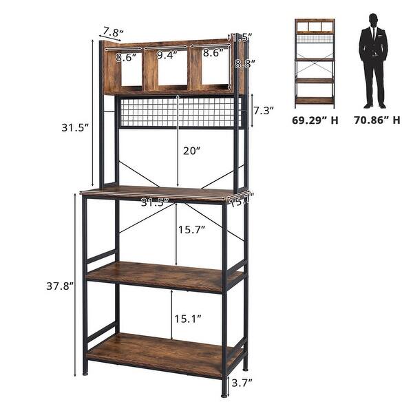 5-Tier Kitchen Bakers Rack with 10 S Hooks and 3 Cubes Rustic Brown ...