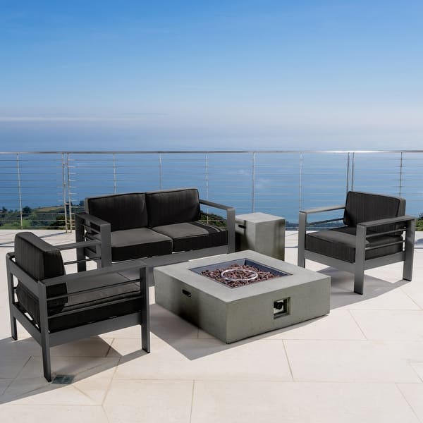 Cape Coral Outdoor Aluminum 5-piece Chat Set with Cushions & Fire Table ...