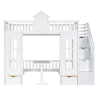 White Twin-Over-Twin Wood Bunk Bed with Changeable Table and 2 Drawers ...