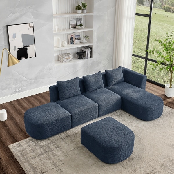 Navy Loop Yarn Fabric Modular L-Shape Sectional Sofa with Ottoman - Bed ...