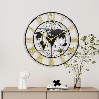 Large World Map Wall Clock,Metal Minimalist Modern Clock,Round Silent ...