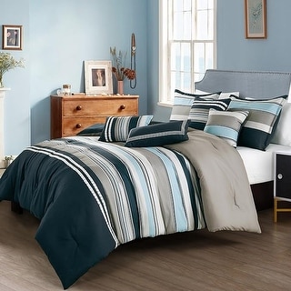 7 Piece Navy Light Blue Striped Comforter Set Embroidery Soft Bedding ...