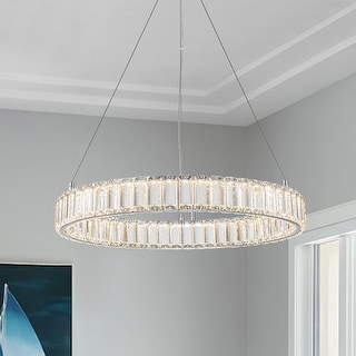 Modern Glam Dimmable LED Crystal Circular Pendant Light - Chrome - Bed ...