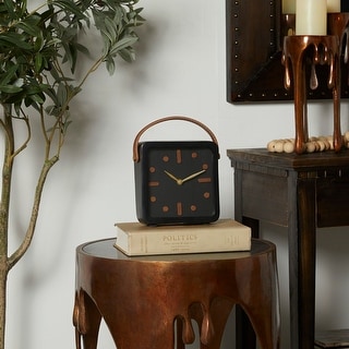 Black Metal Small Decorative Clock with Leather Handle and Hour Markers ...