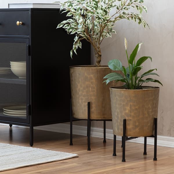 Saffron Fabs Metal Planters With Stand - Set of 2 - Bed Bath & Beyond ...