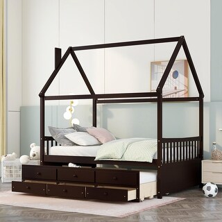 Full Size Wood House Design Bed with Twin Size Trundle Bed, 3 Built-in ...
