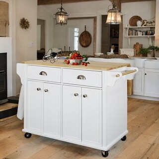 Natural Wood Kitchen Cart on 5 Wheels with Adjustable Shelves, White ...