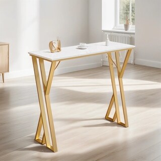 47" Modern High White Bar Table with Golden Double Pedestal - Bed Bath ...