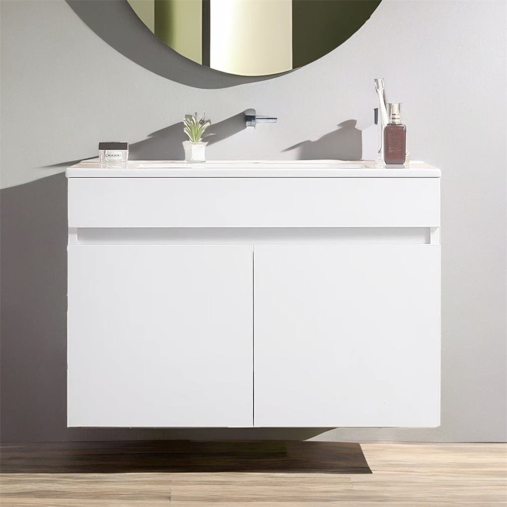 30 Inches Plywood Wall-Mounted Bathroom Vanity Set with Integrated Ceramic Sink - Bed Bath ...