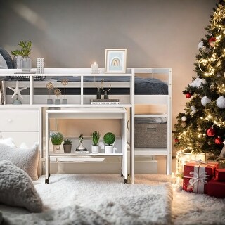 Full Size Low Loft Bed with Rolling Portable Desk, Drawers and Shelves ...
