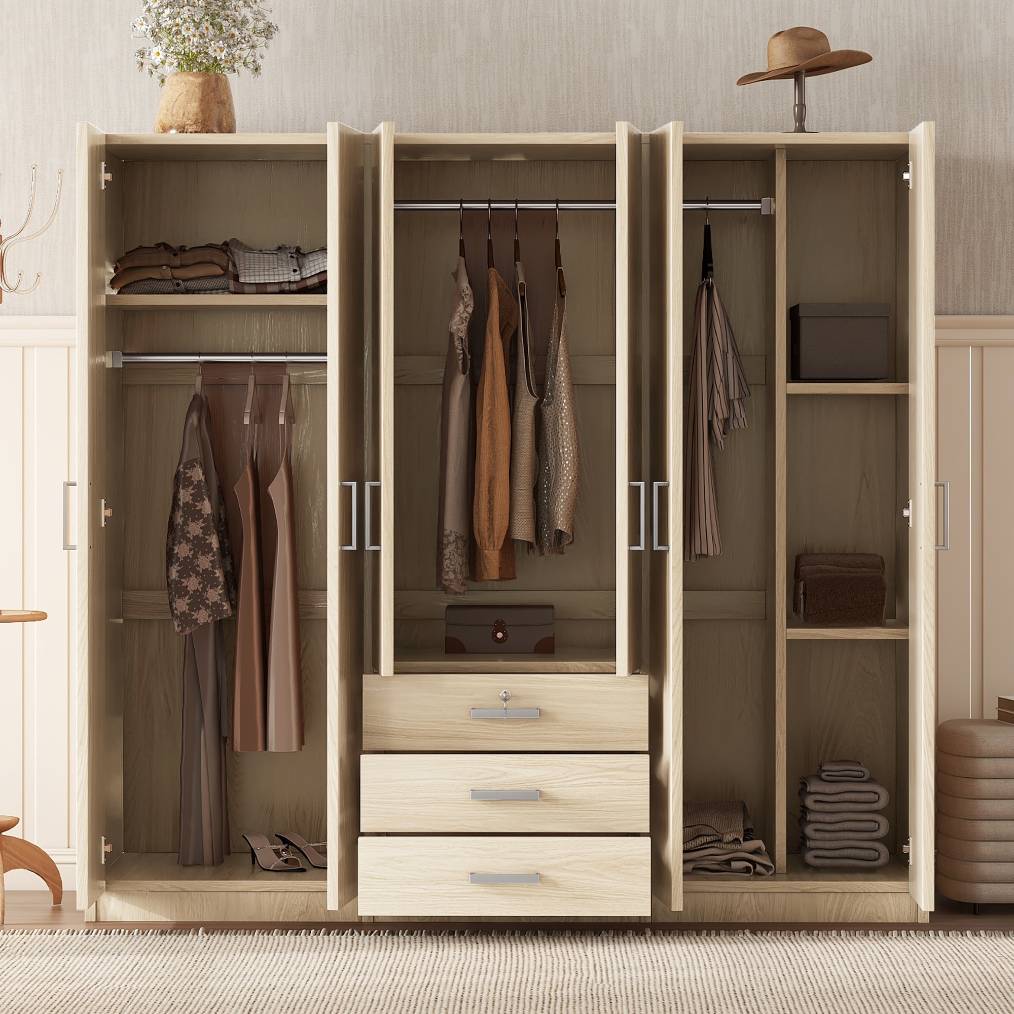 68 High Armoire Closet Cabinet for Bedroom Classic Brown Freestanding Floor Big Wardrobe with Hanging Clothes Rod Drawers On Sale Bed Bath Beyond 41204017